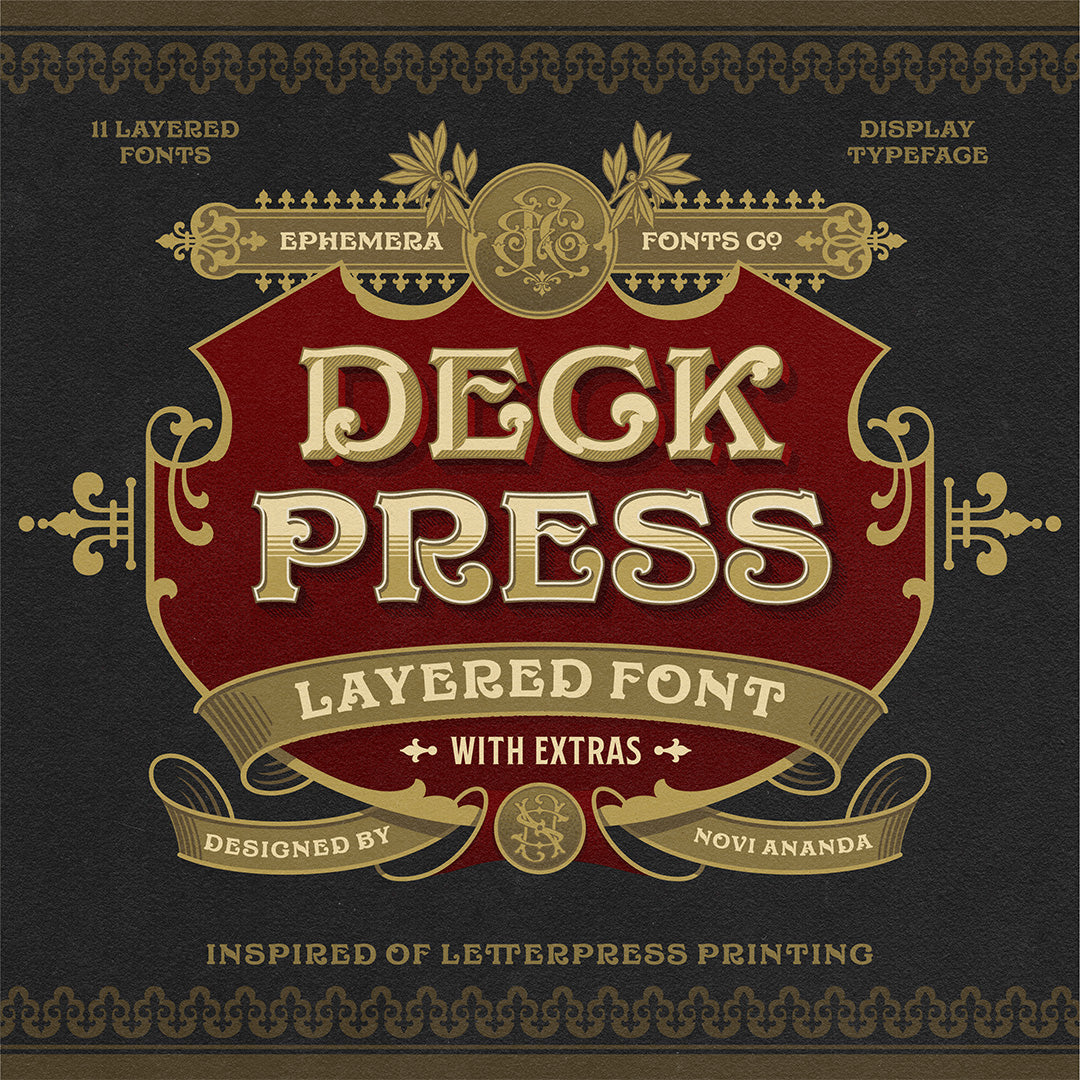 Deckpress Layered Font + Extras | Ephemera Fonts